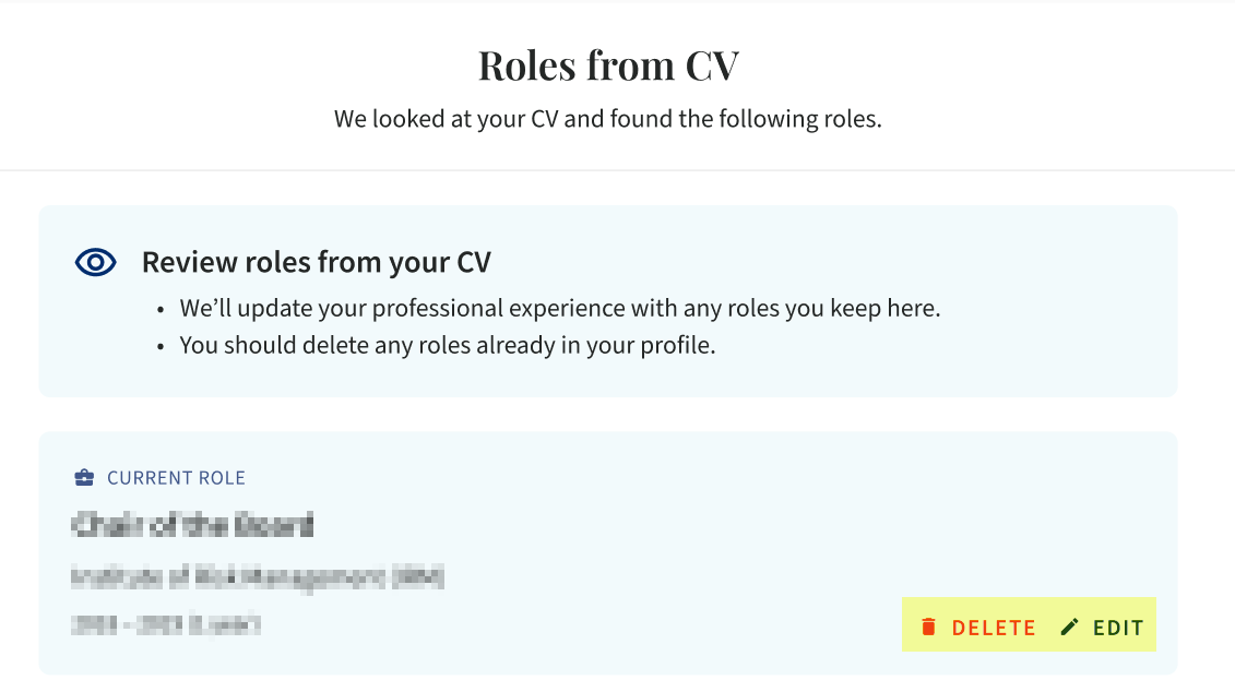 Adding roles to your profile from your CV – Nurole